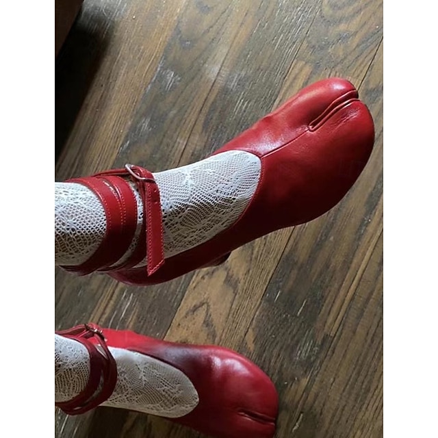 Women's Red Tabi Block Heel Shoes with Ankle Strap – Unique Split-Toe ...