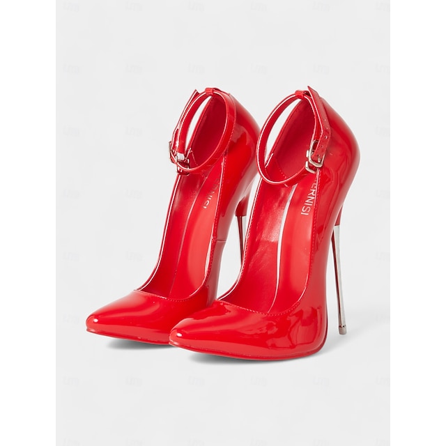 Women's Red Patent Leather Stiletto Heels with Ankle Strap - Sexy and ...