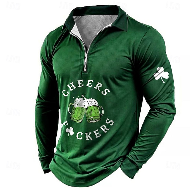 Men's Letter Printed Oktoberfest Beer Zip Polo Shirts Golf Shirt Long ...