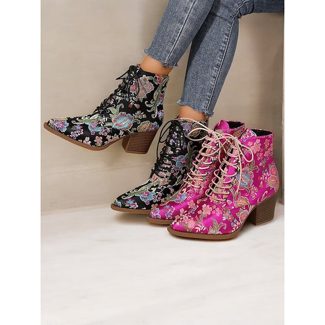 Women's Floral Embroidered Lace-Up Ankle Boots - Vibrant Pink Satin ...