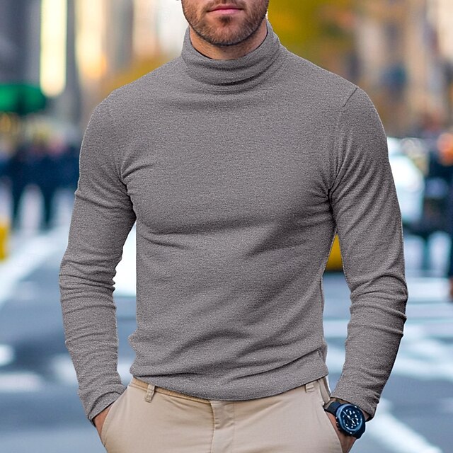 Men's 65% Cotton Mock Turtleneck Tee Top Long Sleeve Shirt Solid Color ...