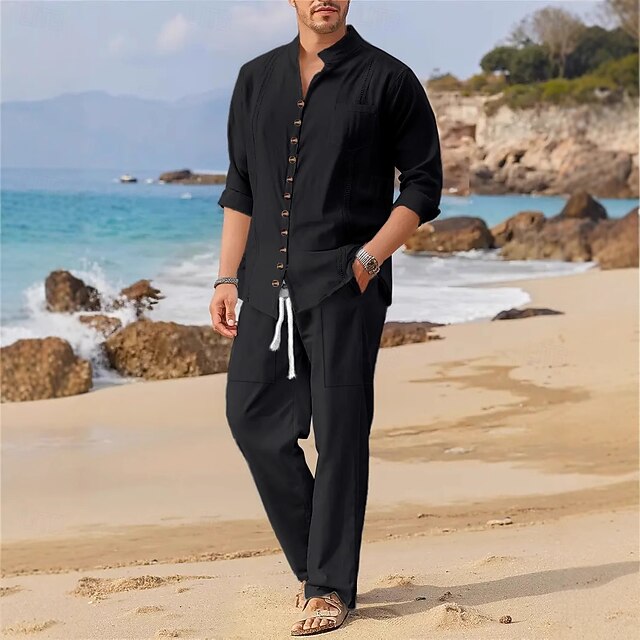 Men's Linen Shirt 2 Piece Shirt Set Summer Shirt Matching Sets Beach ...