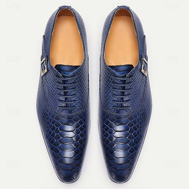Men's Premium Cowhide Leather Dress Shoes with Snakeskin Texture, Lace ...