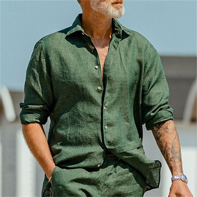 Men's Shirt Linen Shirt 2 Piece Shirt Set Matching Sets Plain Outdoor ...