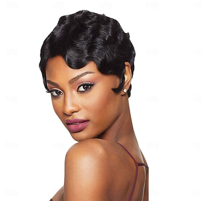 Remy Human Hair Wig Short Wavy Pixie Cut Layered Haircut Black Burgundy ...