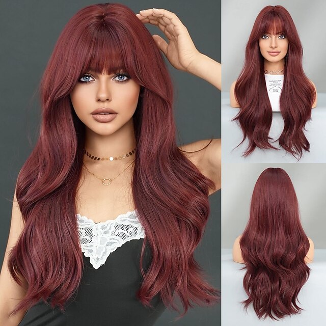 Long Wavy Wine Red Wig with Bang Burgundy Hair Synthetic Heat Resistant ...