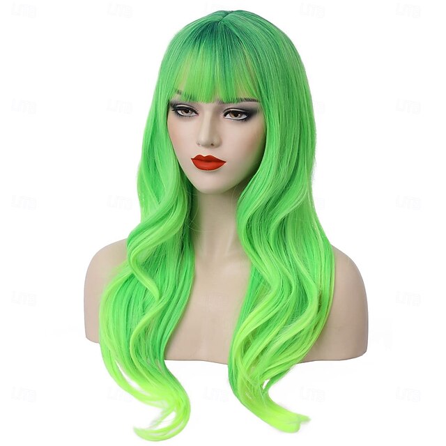 Green Wig Long Wavy Green Wig with Bangs Lime Green Wig for Women Long ...