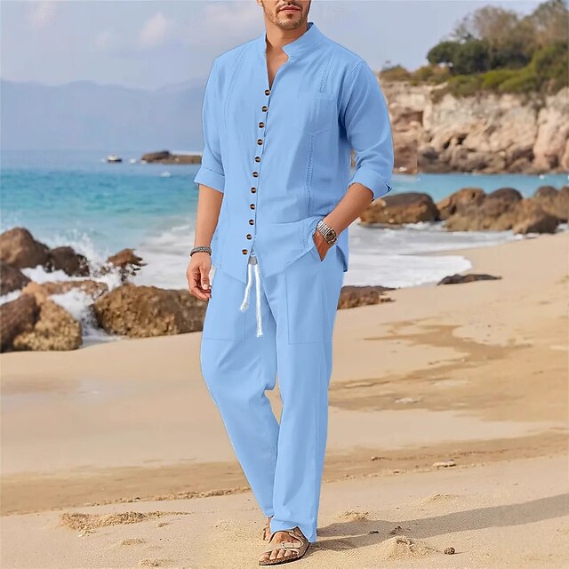 Men's Linen Shirt 2 Piece Shirt Set Summer Shirt Matching Sets Beach ...