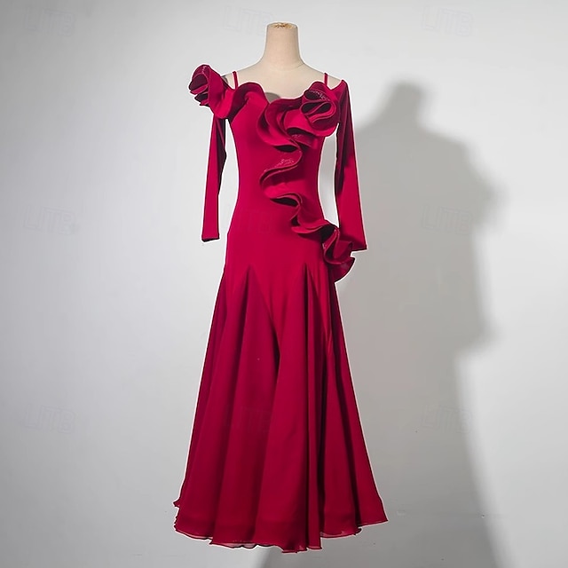 Ballroom Dance Dress Pure Color Splicing Women's Performance Party Long ...