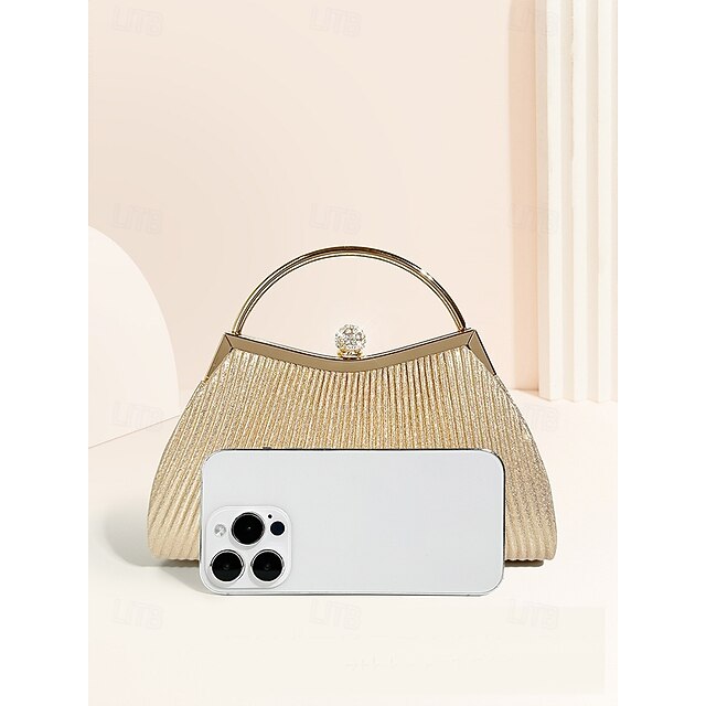 Women's Gold Pleated Evening Handbag with Crystal Clasp, Modern Luxury ...