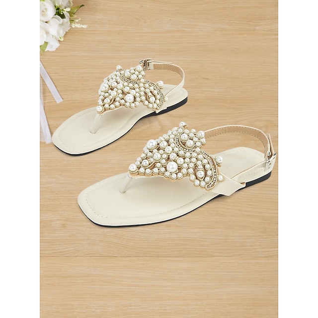 Women's Pearl-Embellished T-Strap Flat Sandals – Elegant Open-Toe ...