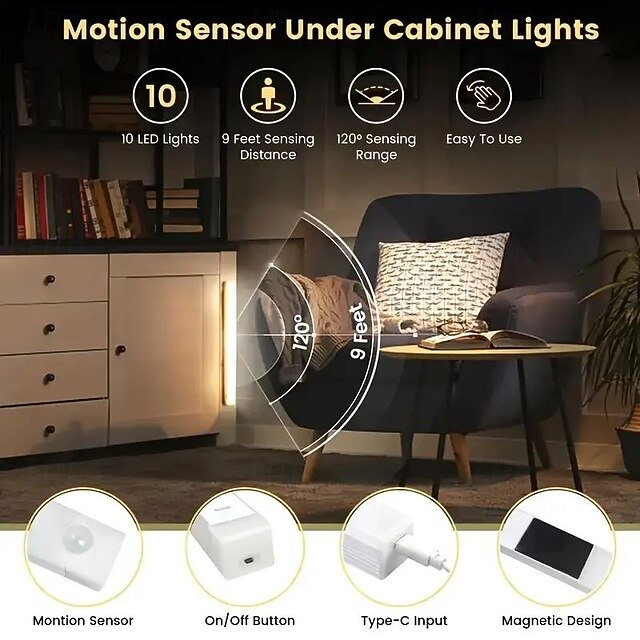 6 Pack Under Cabinet Lighting, Motion Sensor LED Cabinet Lights, USB ...