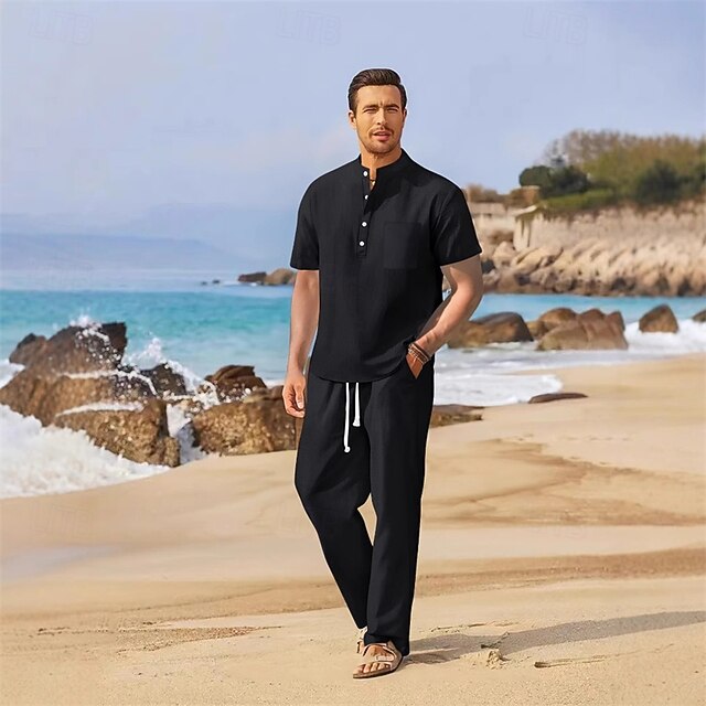 Men's Linen Set 2 Piece Shirt Set Summer Set Matching Sets Plain ...
