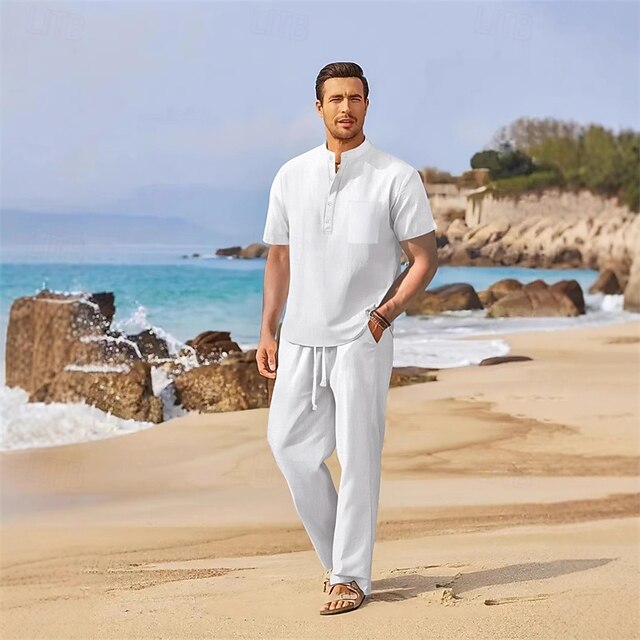 Men's Linen Set 2 Piece Shirt Set Summer Set Matching Sets Plain ...