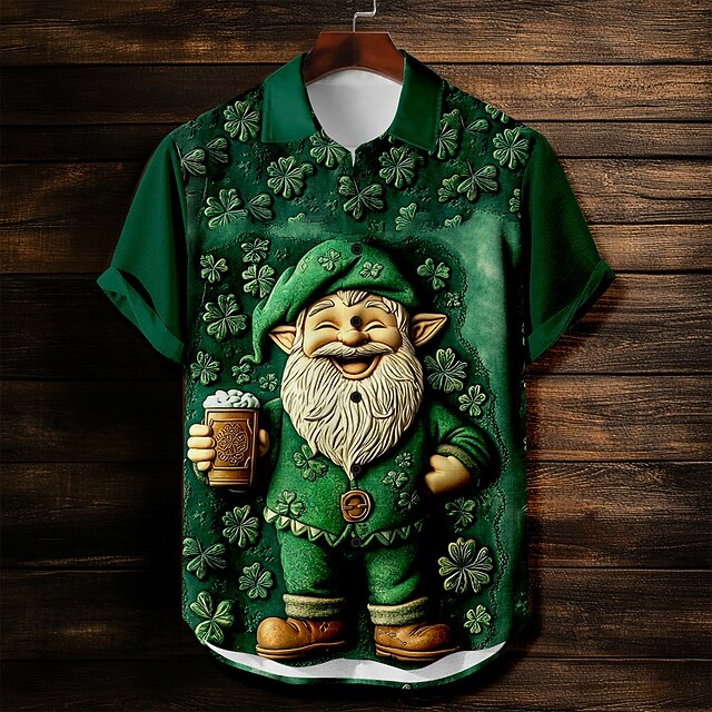 St. Patrick's Day Men's Four Leaf Clover Beer Elf Casual Shirt Button ...