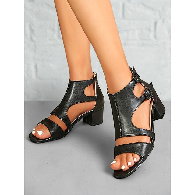 Black Faux Leather Cut-Out Block Heel Sandals for Women - Elegant ...
