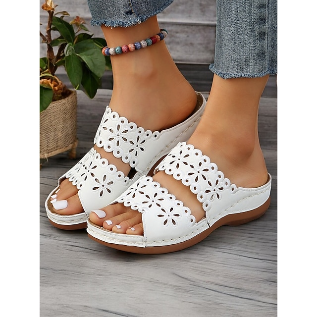 Women's White Slip-On Sandals with Floral Cut-Out Design Comfortable ...