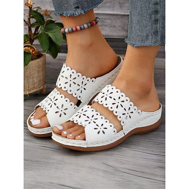 Women's White Slip-On Sandals with Floral Cut-Out Design Comfortable ...