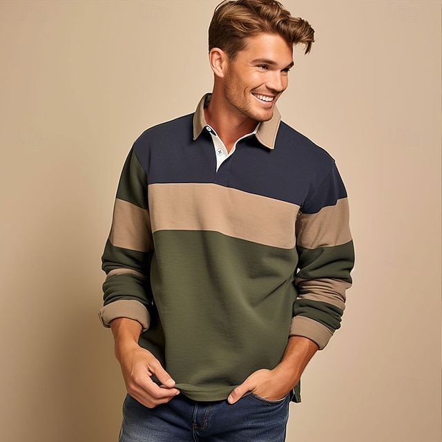 Men's Striped Rugby Polo Shirts Long Sleeve Polo Shirts Collar Business ...