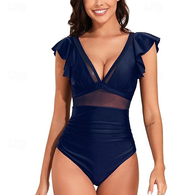 Women's One Piece Swimsuit Ruffle Deep V Swimwear Solid Colored ...
