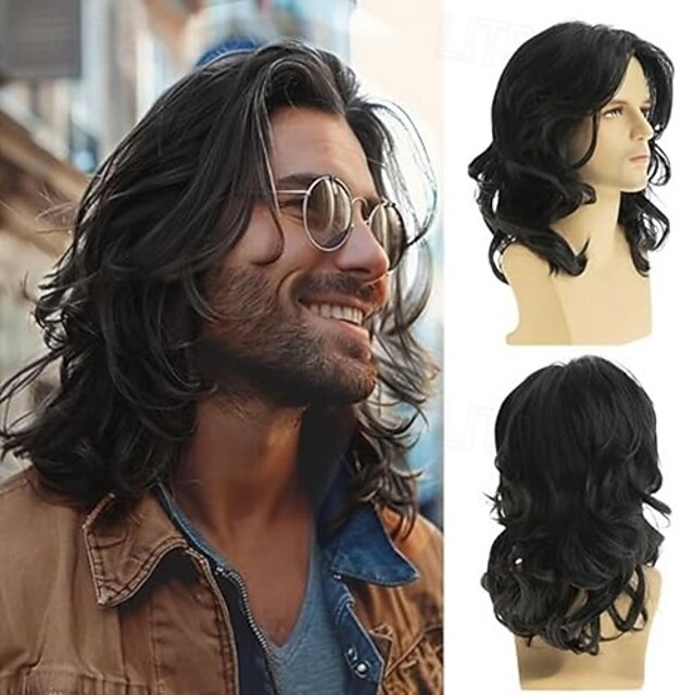Long Wigs for Men Synthetic Layered Wavy Cosplay Party Wig For Carvinal ...