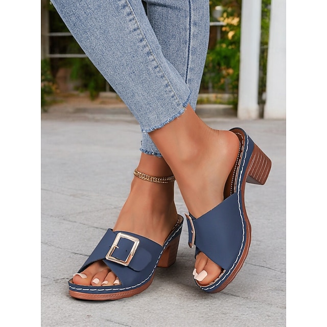Women's Blue Open-Toe Mule Sandals with Block Heels and Gold Buckle ...