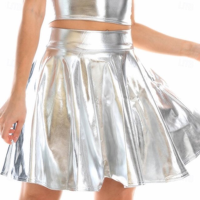 Metallic 1980s Shiny Latex Patent PU Leather Flare Skirt Women's ...