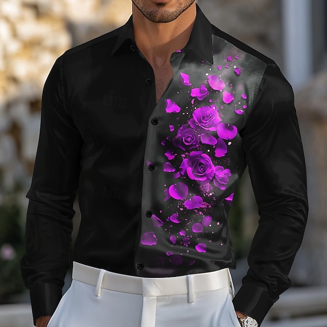 Men's Rose Floral / Flower Satin Shirt Dress Shirt Button Up Shirt Long ...
