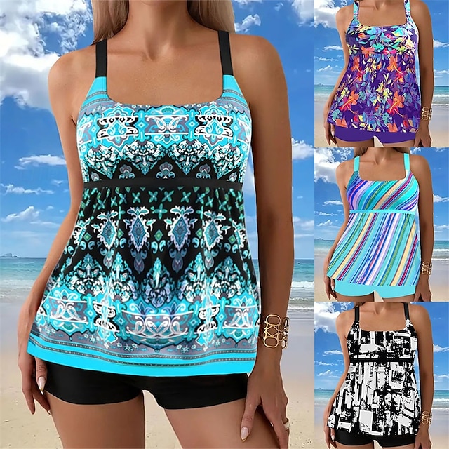 Women's Tankini Two Piece Swimsuit Swimwear Floral Swimwear Black Blue ...