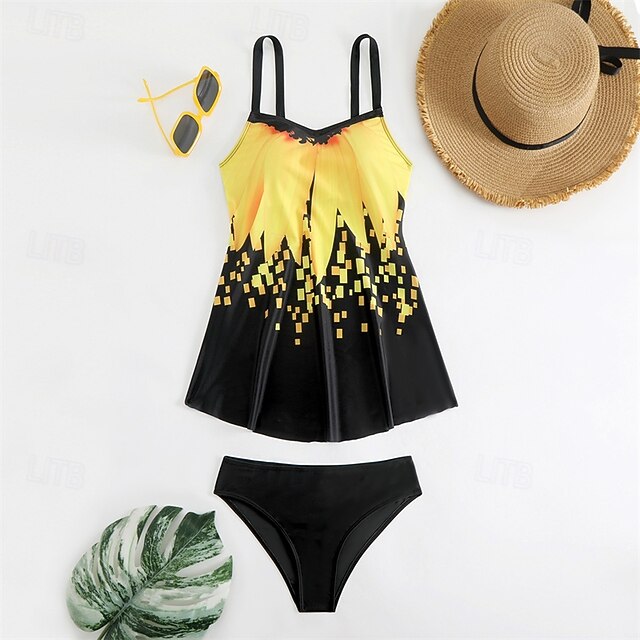 Women's Tankini Two Piece Swimsuit V Neck Swimwear Swimwear Yellow ...