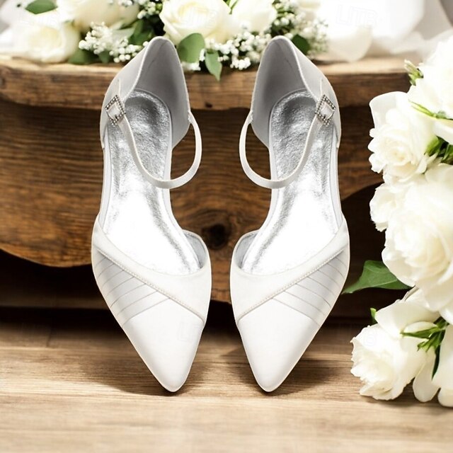 White Satin Flat Wedding Sandals with Pointed Toe, Ankle Strap, and ...