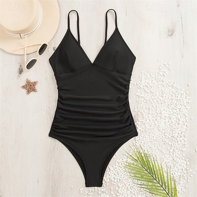 Women's One Piece Swimsuit Deep V Swimwear Solid Colored Swimwear Black ...