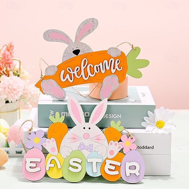 2 Pack Easter Decorations Wooden Letter Sign Ornaments Easter Bunny ...