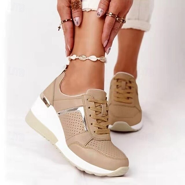 Women's Beige Wedge Sneakers with Metallic Accents – Comfortable and ...