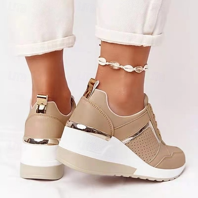 Women's Beige Wedge Sneakers with Metallic Accents – Comfortable and ...