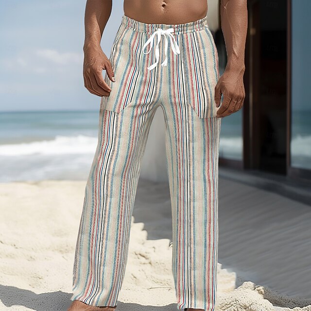 Homens Calças de linho Calças Calça verão Cintura elástica Com Cordão ...