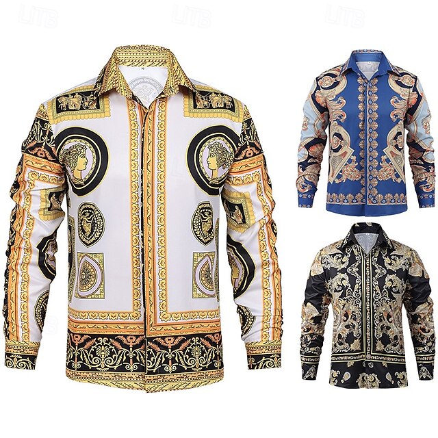 Mens Luxury Printed Silk Like Satin Button Down Dress Shirt for Party ...