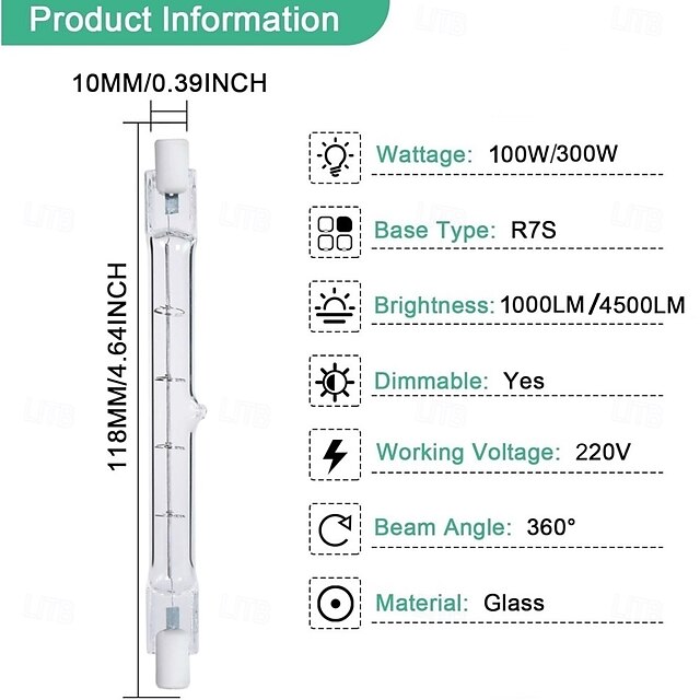 R7S 118mm Halogen Bulbs – 100W/300W Dimmable T3 Double Ended J-Type ...