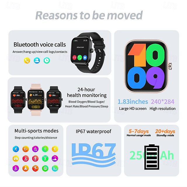Smartwatch für Männer mit Blutzuckerüberwachung Bluetooth-Anruf Herzfrequenz- Blutdruckmessung ...