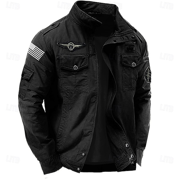 Men's Cotton Embroidered Military Jacket with Shoulder Straps Long ...