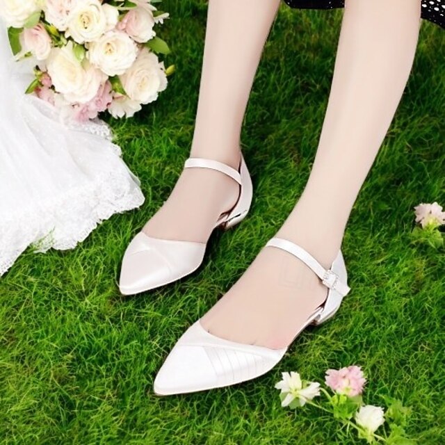 White Satin Flat Wedding Sandals with Pointed Toe, Ankle Strap, and ...