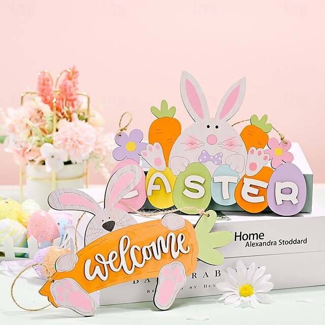 2 Pack Easter Decorations Wooden Letter Sign Ornaments Easter Bunny ...