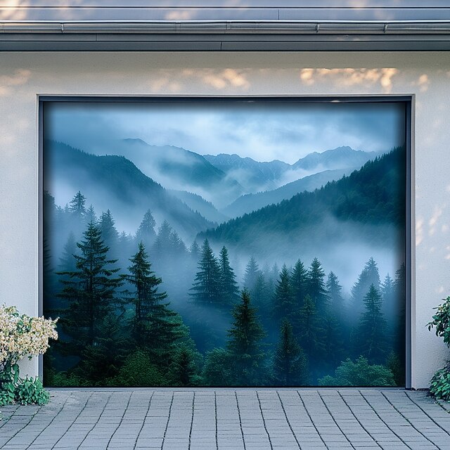 Landscape Misty Forest Door Decorations Garage Door Cover Outdoor ...