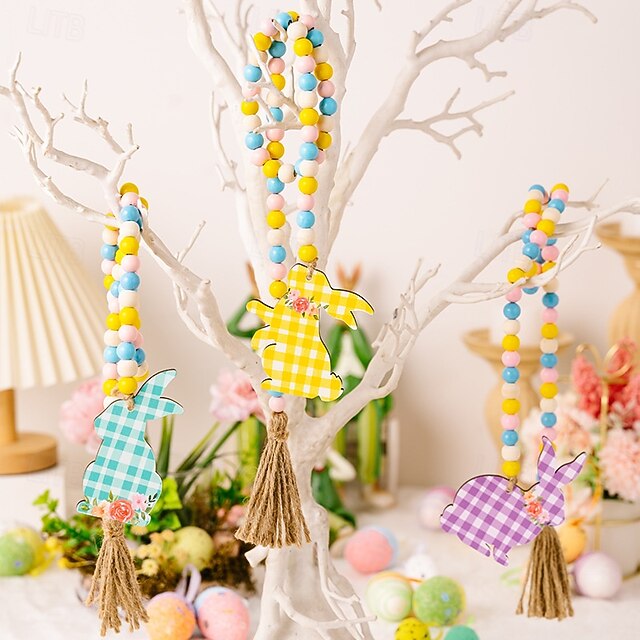 3 Pack Easter Decorations Easter Beaded Garland with Gingham Bunny ...