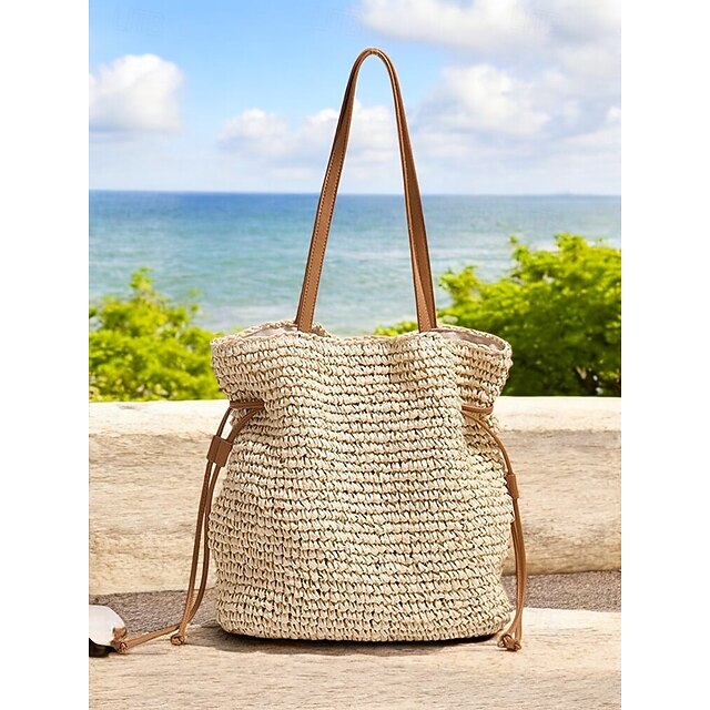 Handwoven Straw Bucket Bag – Boho Drawstring Shoulder Tote, Lightweight ...