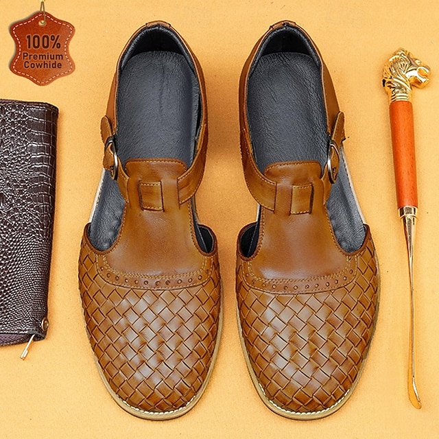 Men's Traditional Brown Woven Leather Loafers with Buckle - Perfect for ...