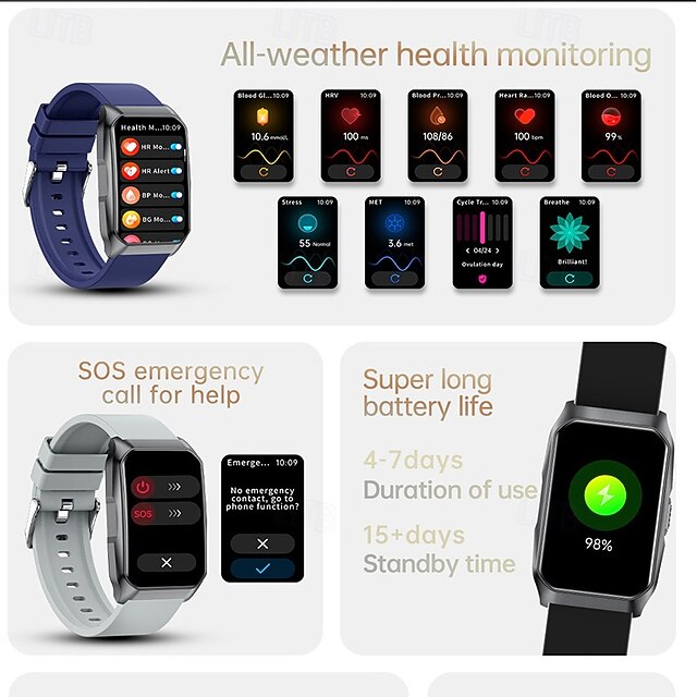 Men's Smart Watch Blood Glucose Monitor Bluetooth Call Blood Pressure ...