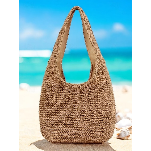 håndlaget skulderveske i vevd strå for kvinner – stor boho strandveske for sommerreiser, ferier ...
