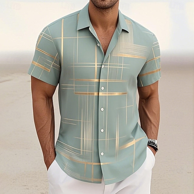 Men's Geometric Grid / Plaid Shirt Button Up Shirt Short Sleeve Fashion ...