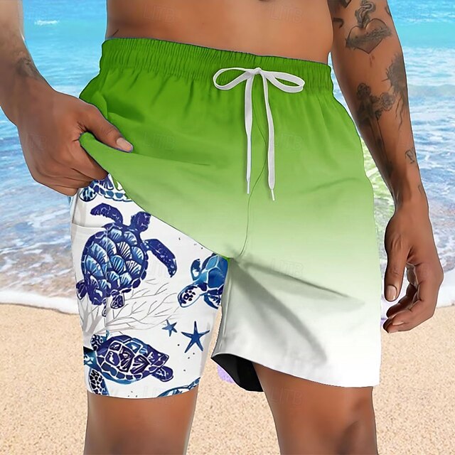 Men's Gradient Color Turtles Lined Shorts 2 in 1 Board Shorts Swim ...